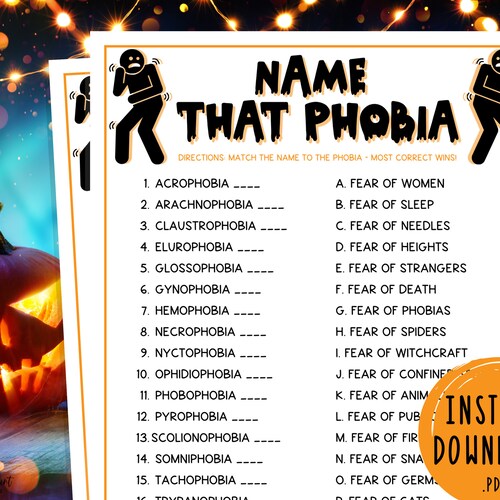 Halloween Name That Phobia Match up Game Phobia Trivia Games - Etsy