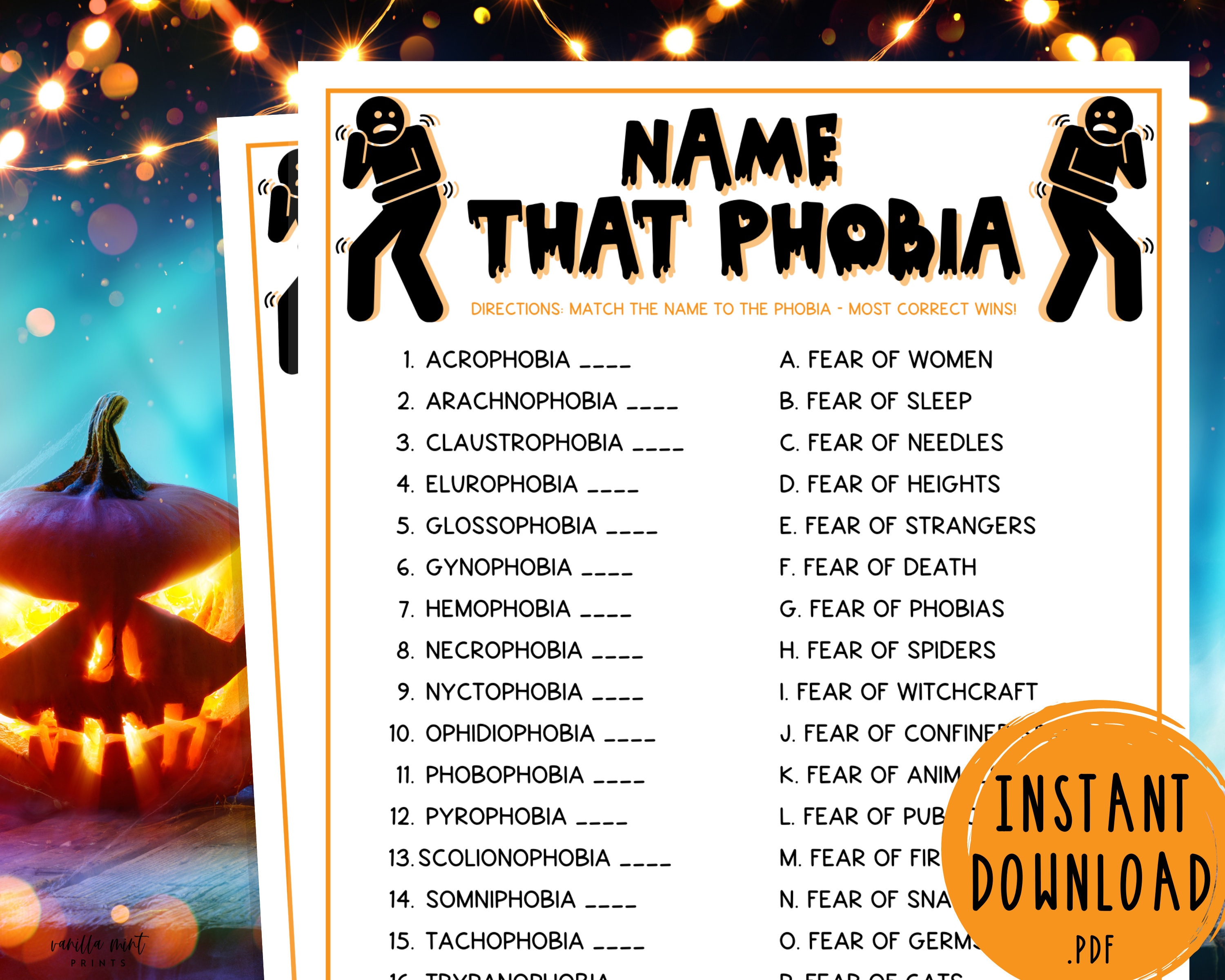 Halloween Name That Phobia Match up Game Phobia Trivia Games - Etsy UK