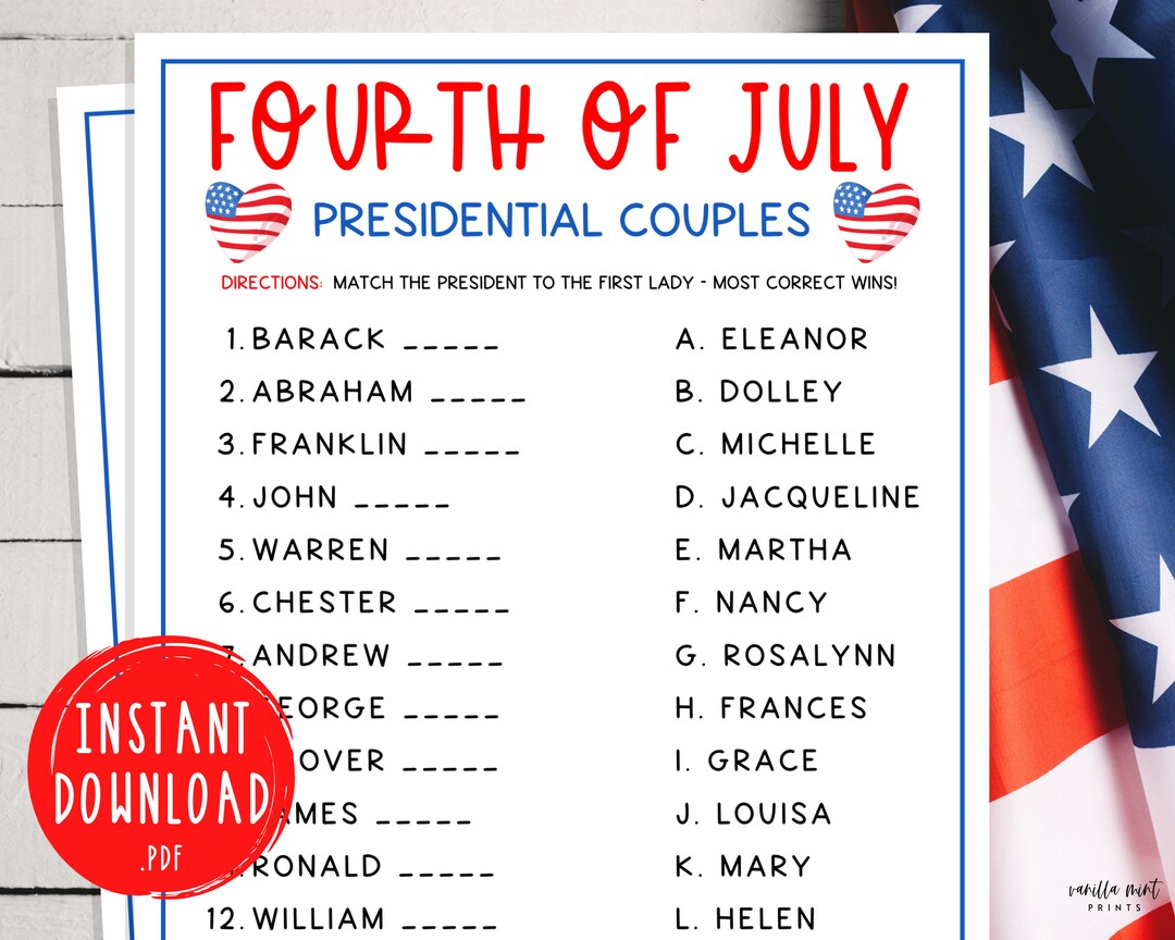 Fourth of July Presidential Couples Game | 4th of July Printable Games ...