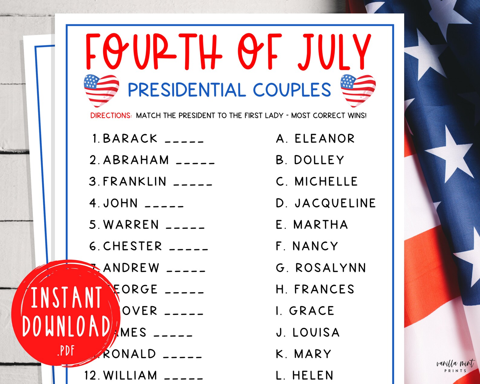 Fourth of July Presidential Couples Game | 4th of July Printable Games ...