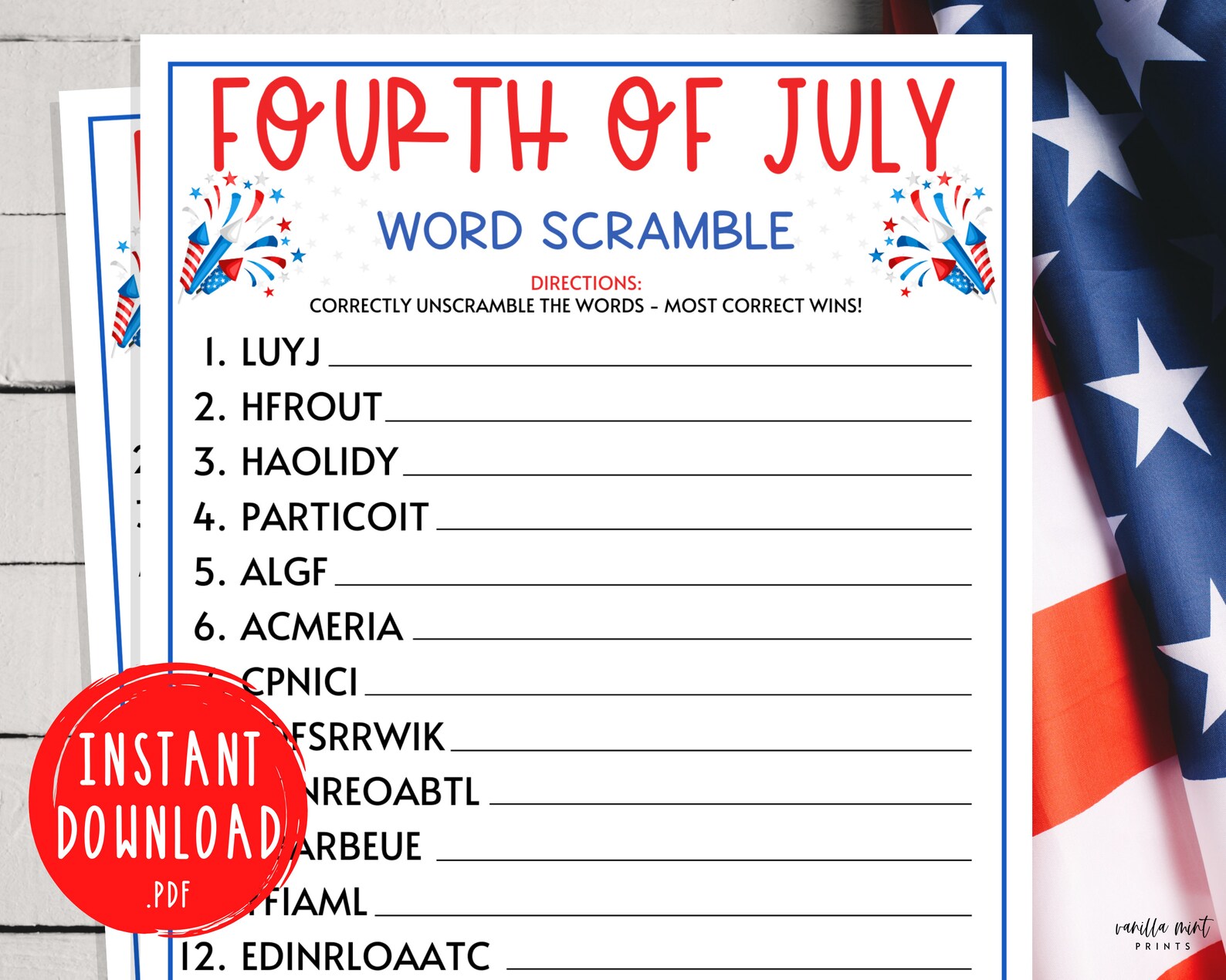 Fourth of July Word Scramble Game 4th of July Printable - Etsy