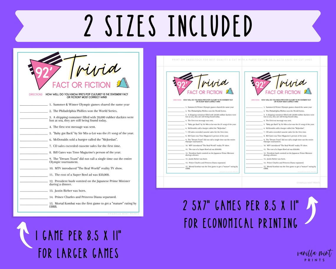 1992 Trivia 90s Pop Culture Trivia Fact or Fiction 30th - Etsy