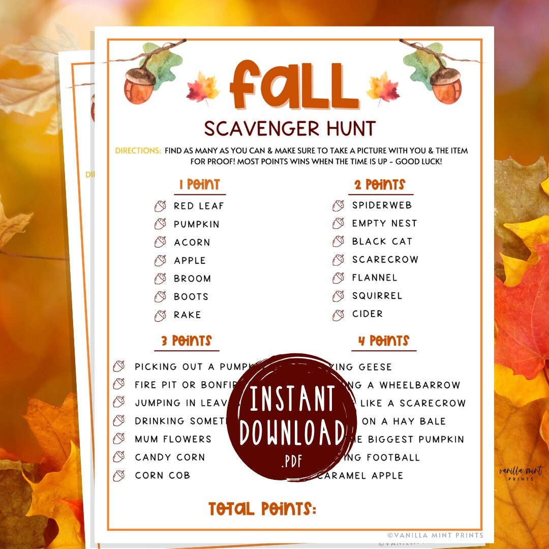 Fall Scavenger Hunt | Printable Autumn Party Games | Fall Time ...