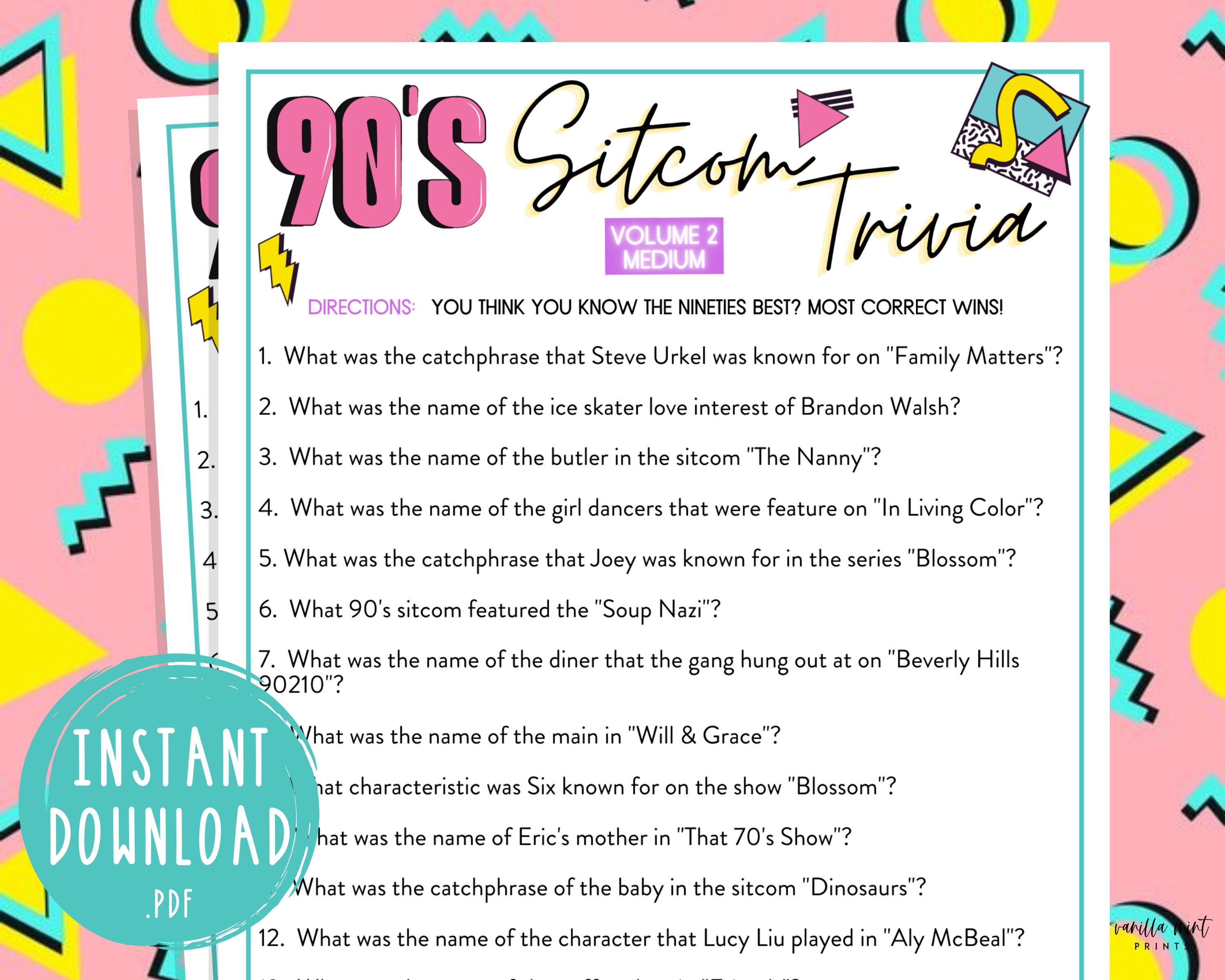 1990's Trivia 90s TV Sitcom Trivia MEDIUM Nineties - Etsy