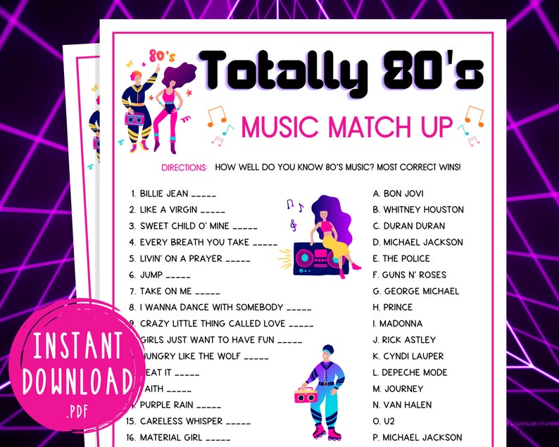 Totally 80's Music Match up Party Game Printable 1980s - Etsy