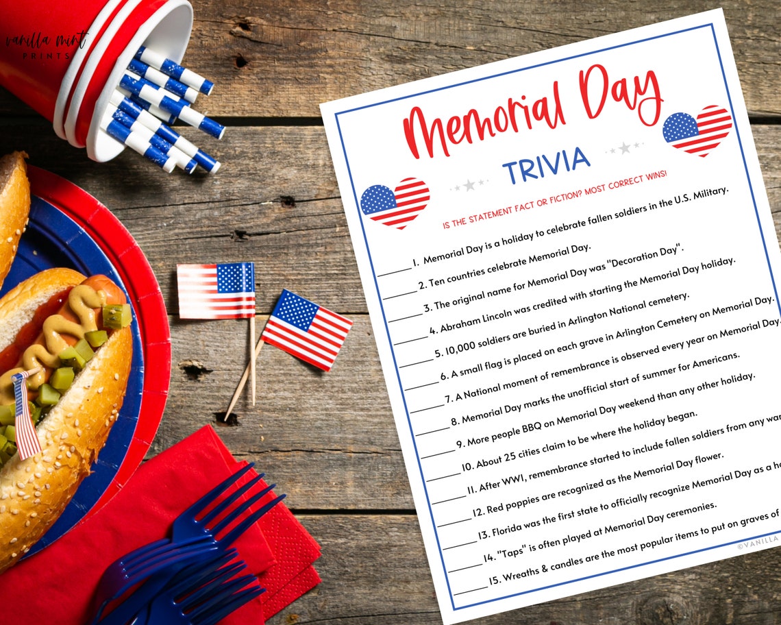 Memorial Day Trivia Game Printable Memorial Day Party Games - Etsy