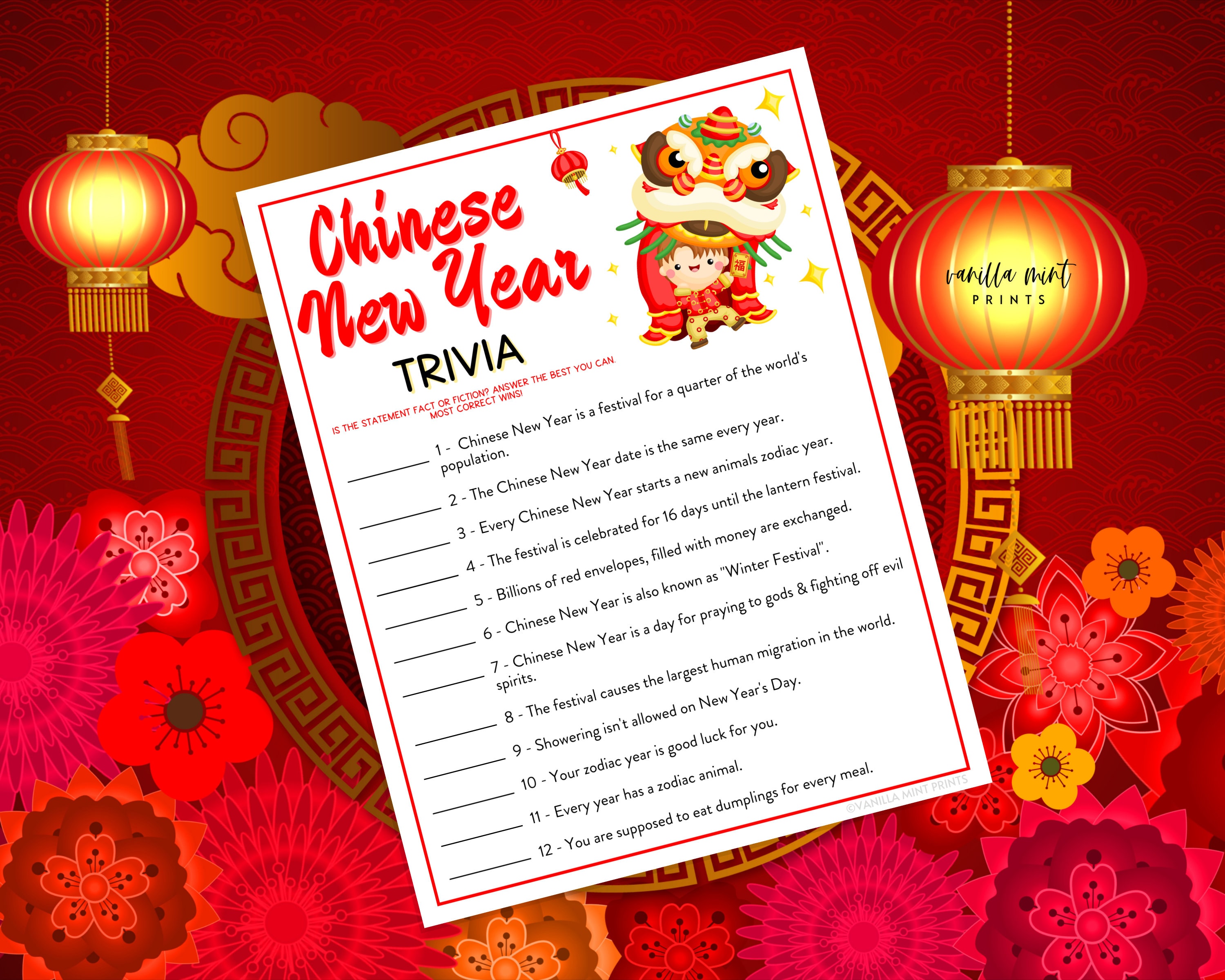 Chinese New Year Trivia Game Lunar New Year Printable - Etsy