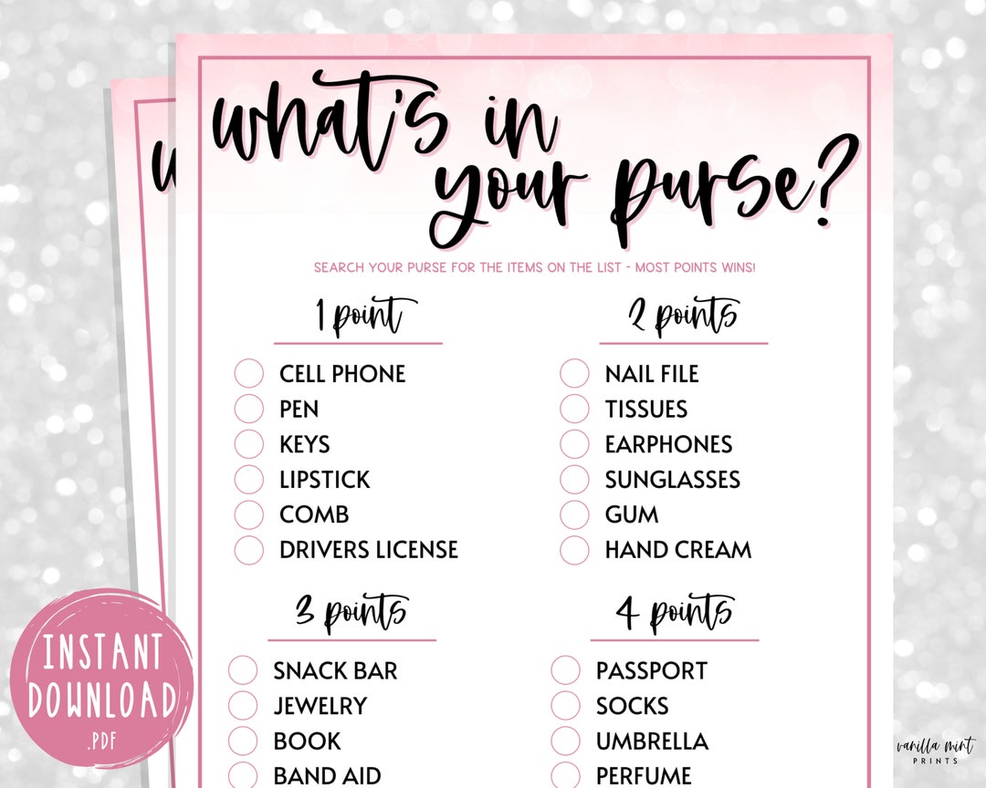 PINK Adult Birthday Party Games | What's in Your Purse Birthday Party ...