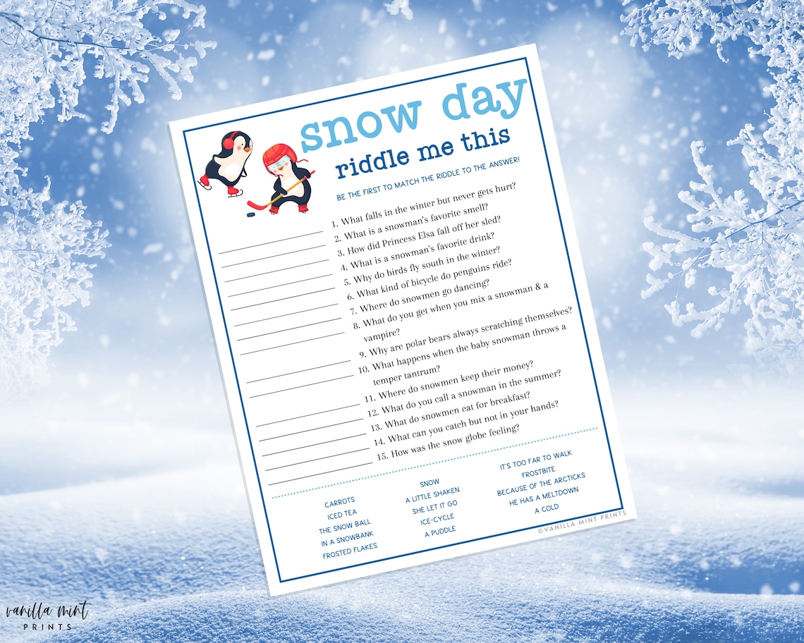 Snow Day Riddle Me This Game Fun Printable Winter Game - Etsy