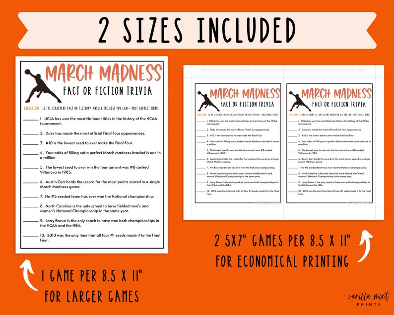 March Madness Fact or Fiction Trivia Game Printable March - Etsy