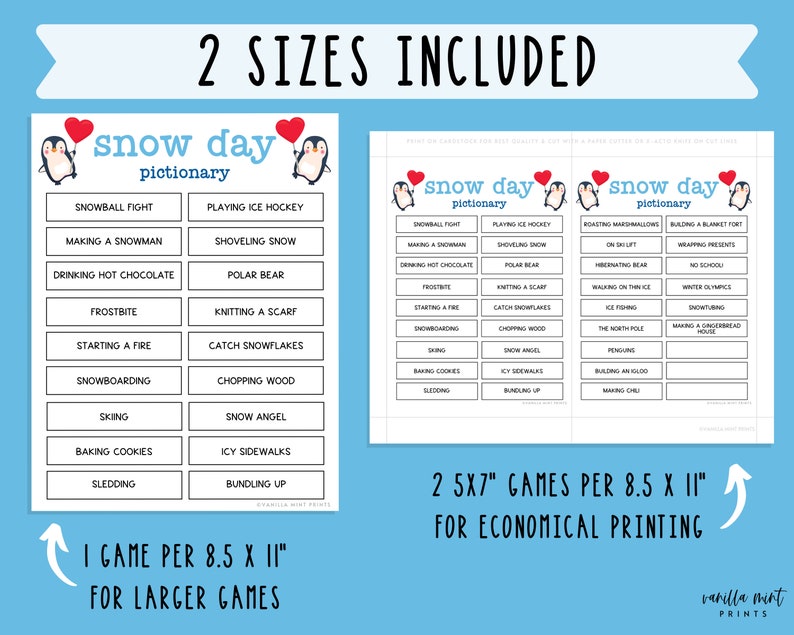 Snow Day Pictionary Game Fun Printable Winter Game | Etsy