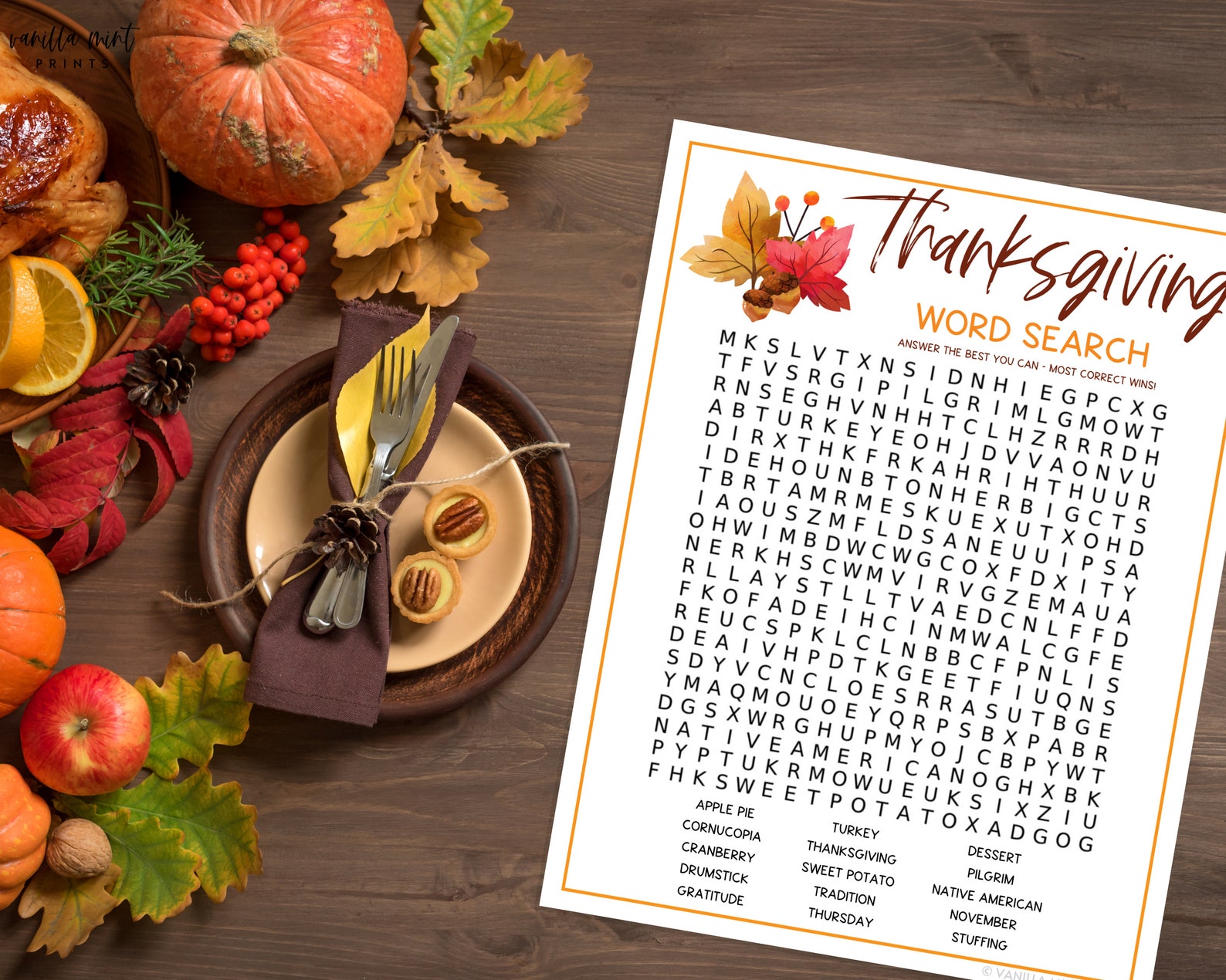 Thanksgiving Word Search Game Thanksgiving Printable Games - Etsy
