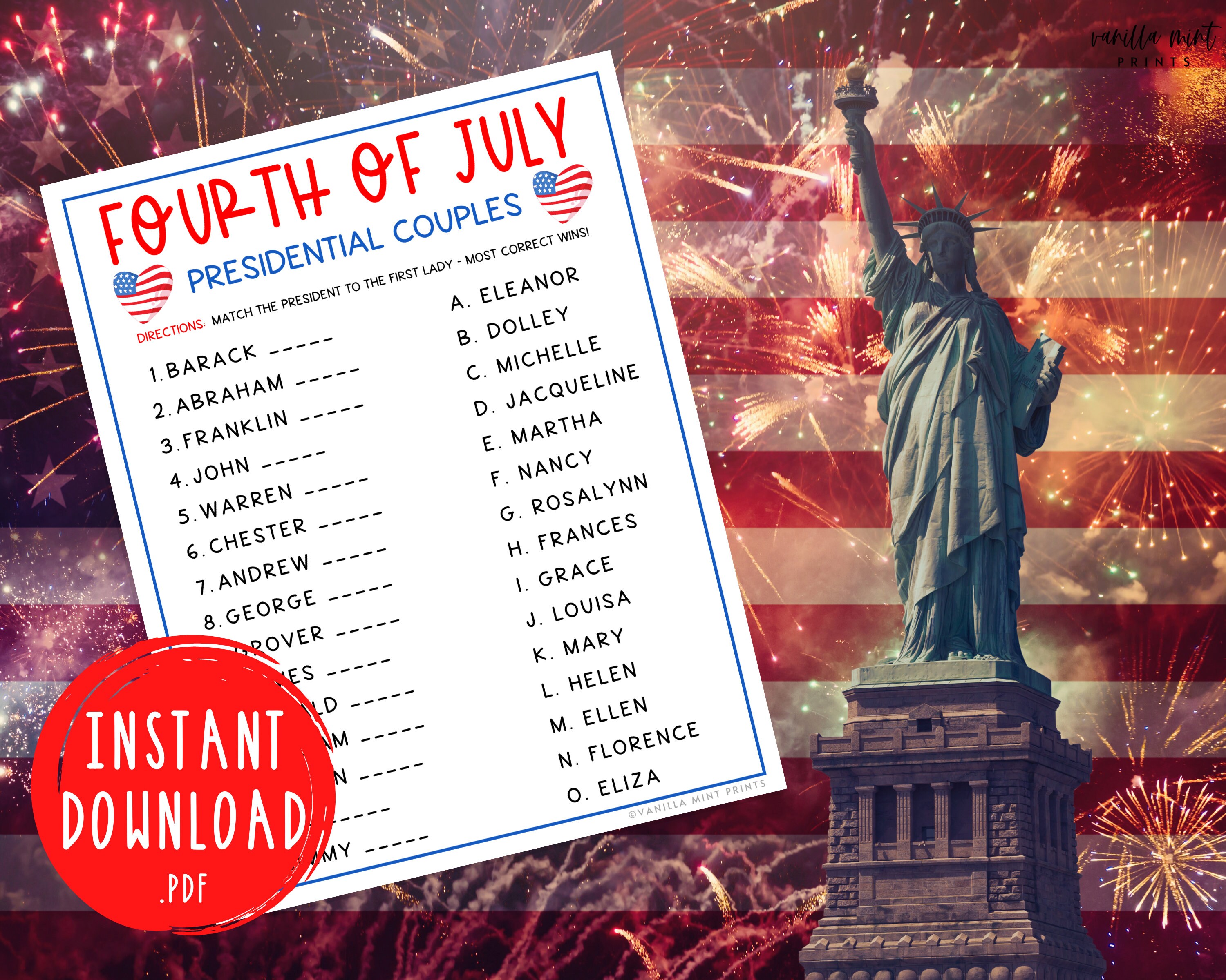 Fourth of July Presidential Couples Game | 4th of July Printable Games ...