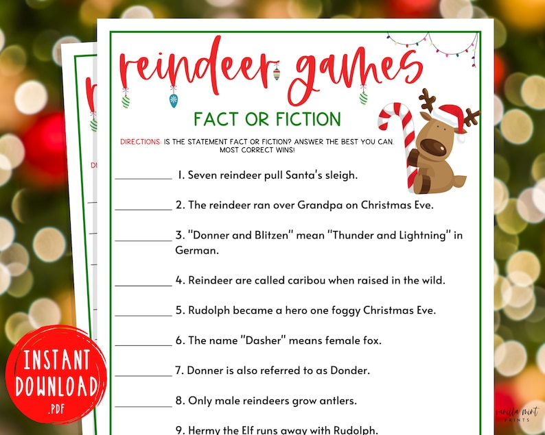 Reindeer Games Trivia Game Fact or Fiction True or False | Etsy