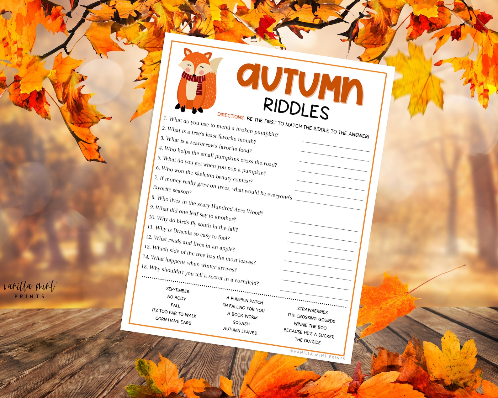 Fall Riddles Game Printable Autumn Games Fall Time - Etsy
