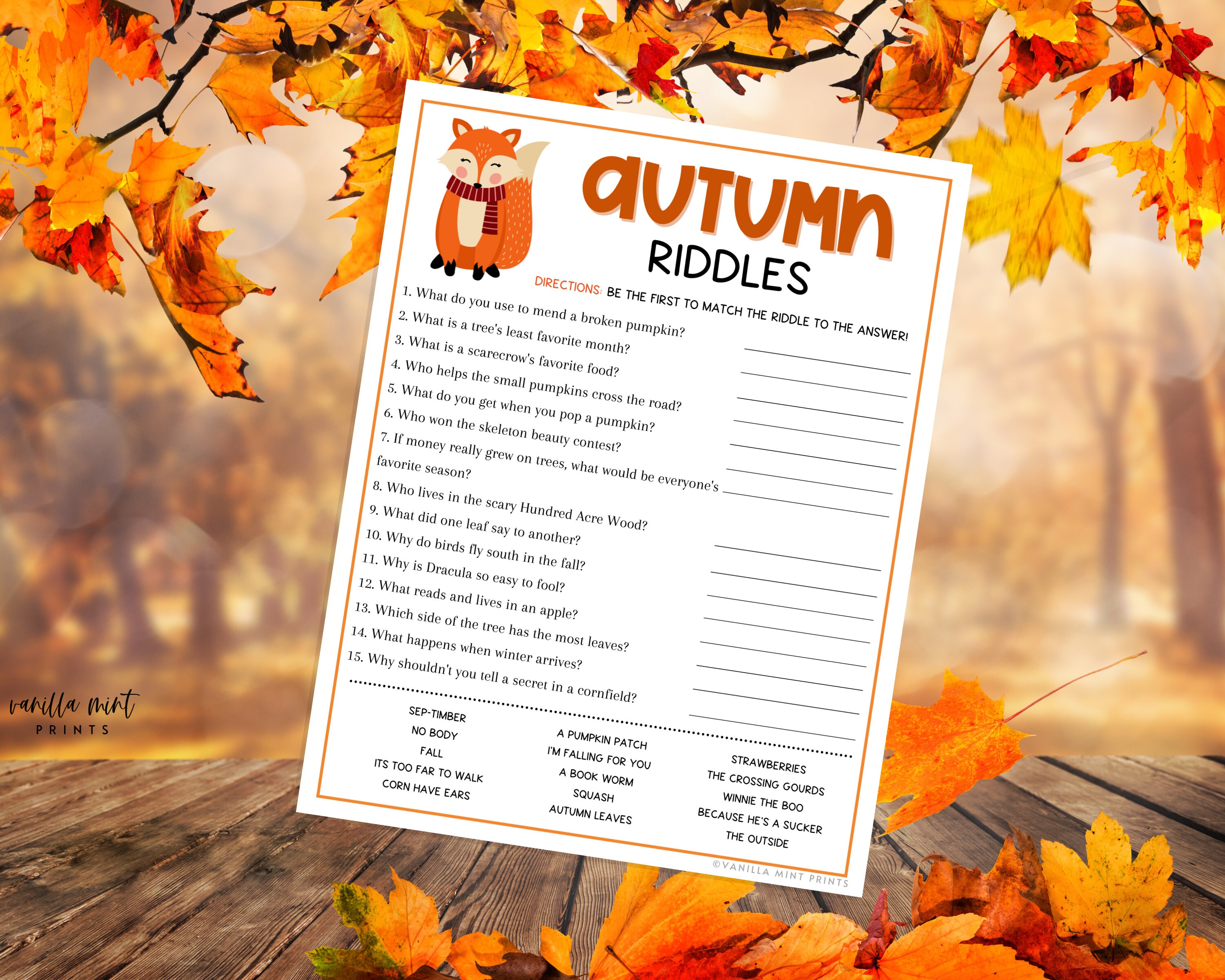 Fall Riddles Game Printable Autumn Games Fall Time - Etsy
