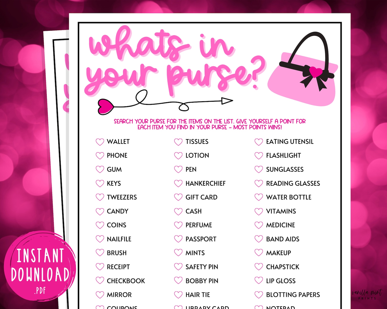 Galentine's Day Whats in Your Purse Game Party Games - Etsy
