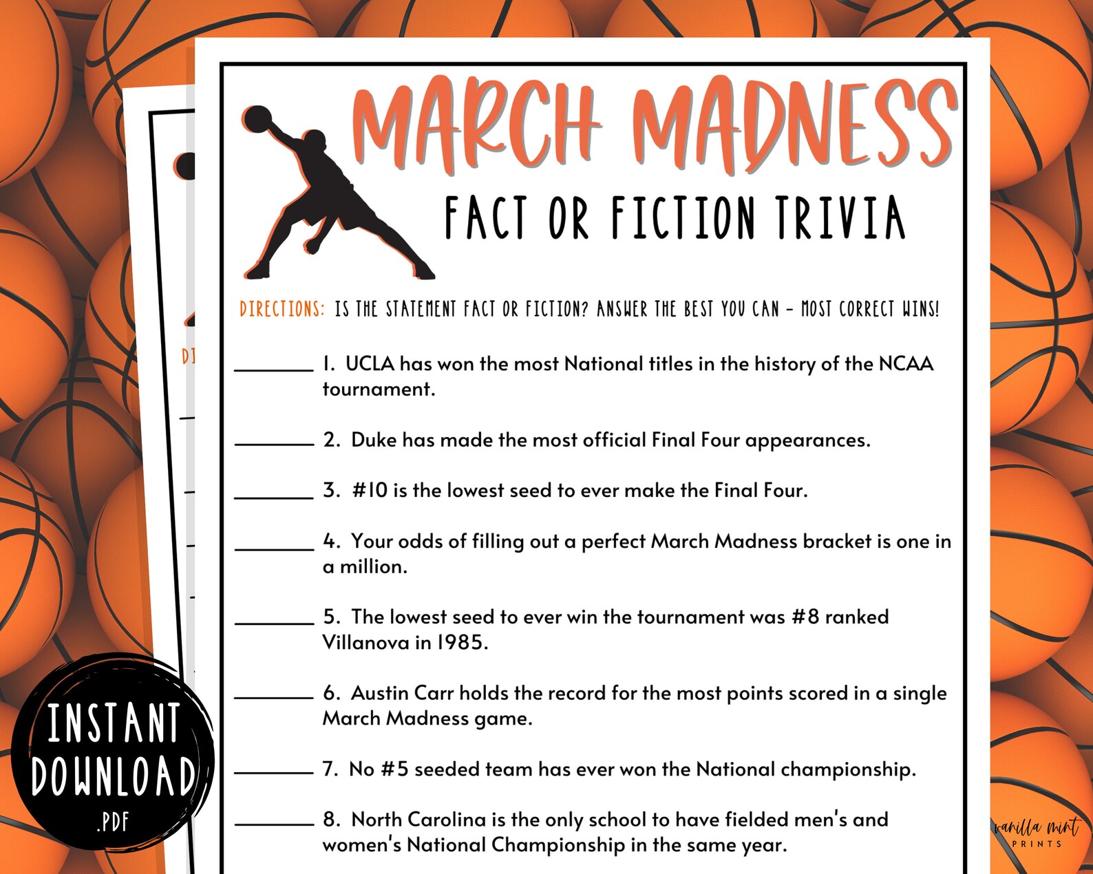 March Madness Fact or Fiction Trivia Game Printable March - Etsy