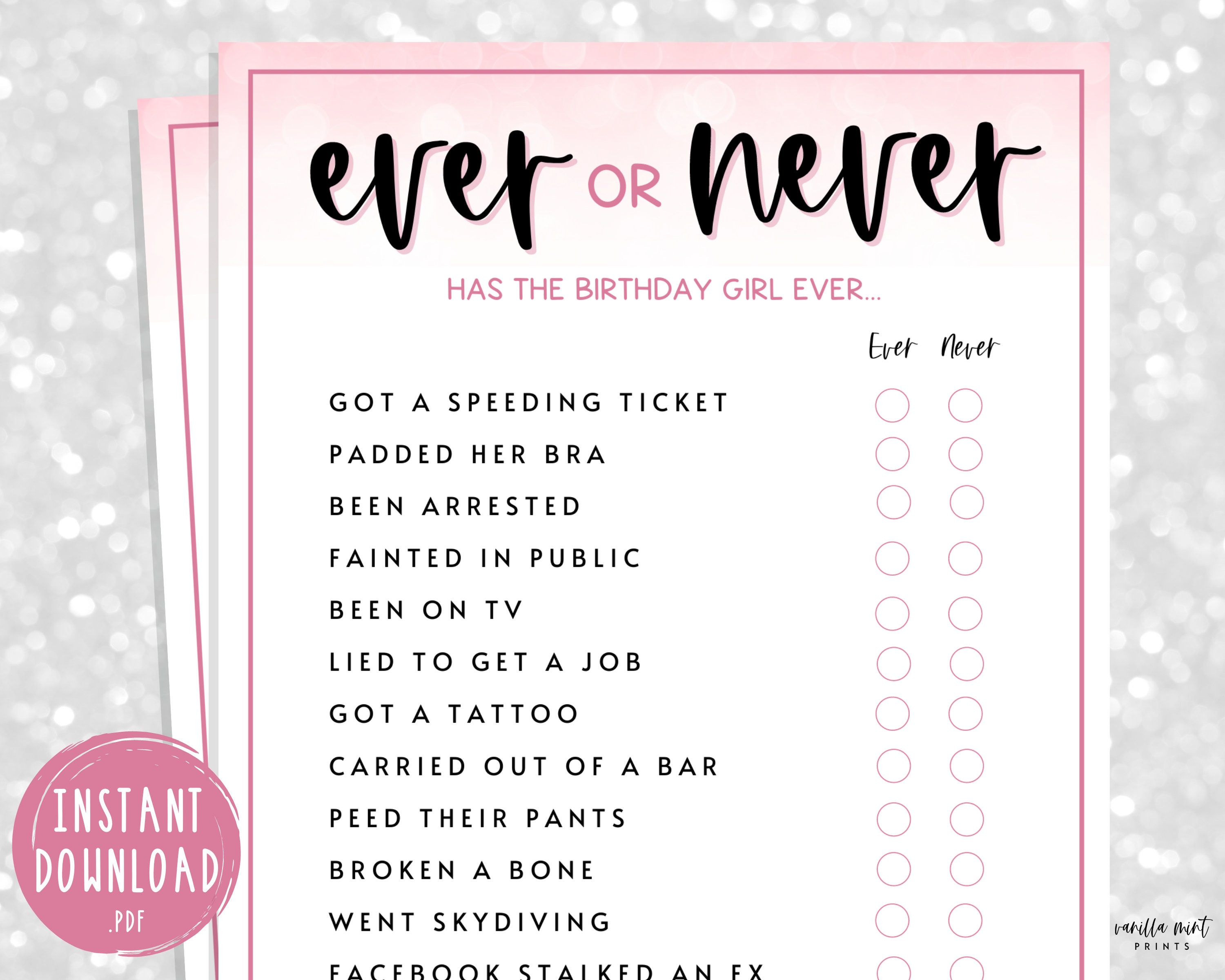 PINK Adult Birthday Party Games Ever or Never Birthday Party - Etsy