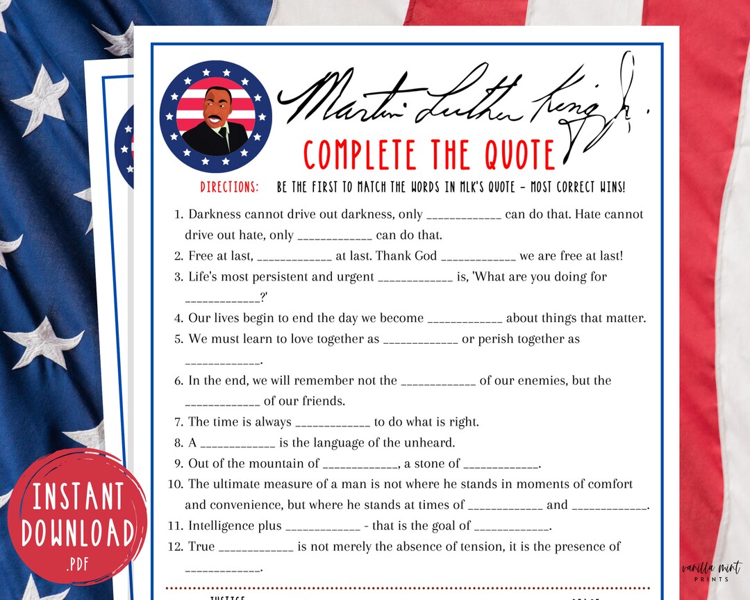 Martin Luther King Jr Complete the Quote Game | MLK Jr Day Printable ...