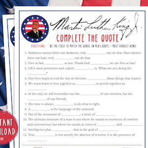 Martin Luther King Jr Complete the Quote Game | MLK Jr Day Printable ...