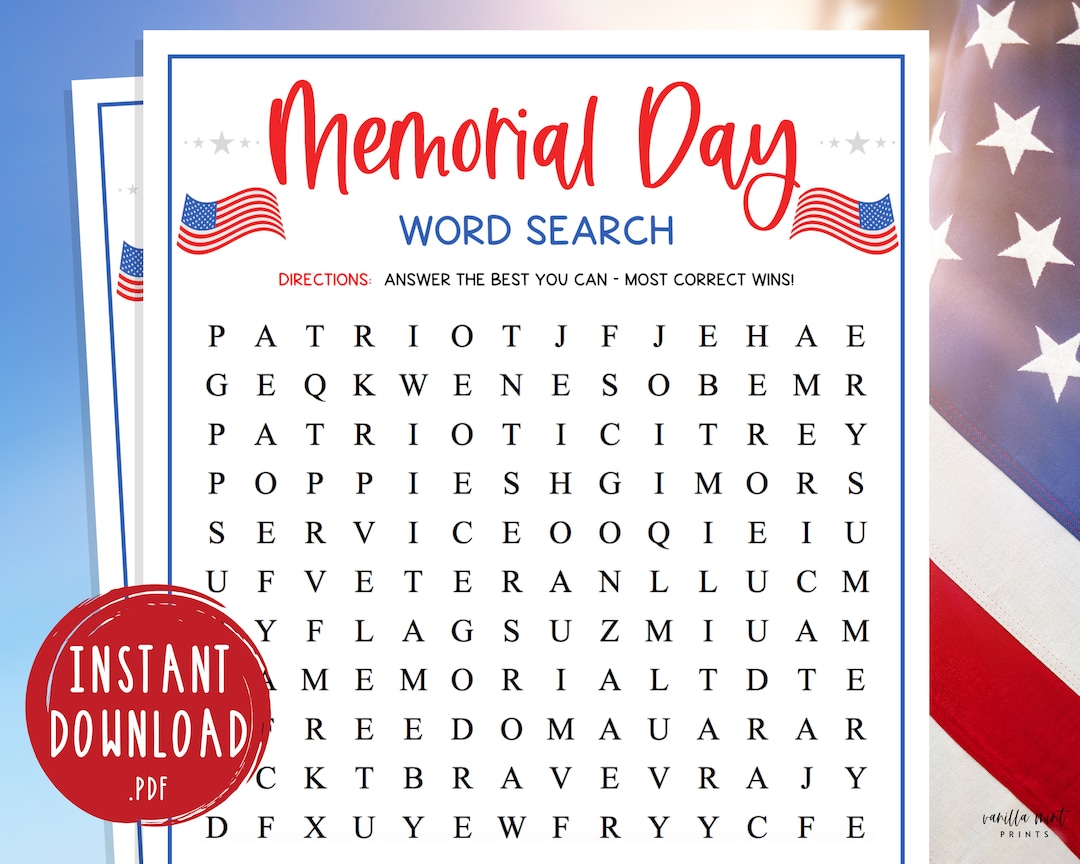 Memorial Day Word Search Game | Printable Memorial Day Party Games ...