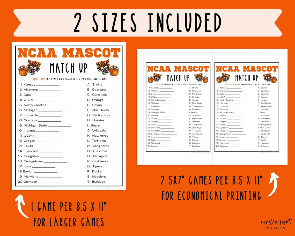 March Madness NCAA Mascot Match up Game Printable March | Etsy