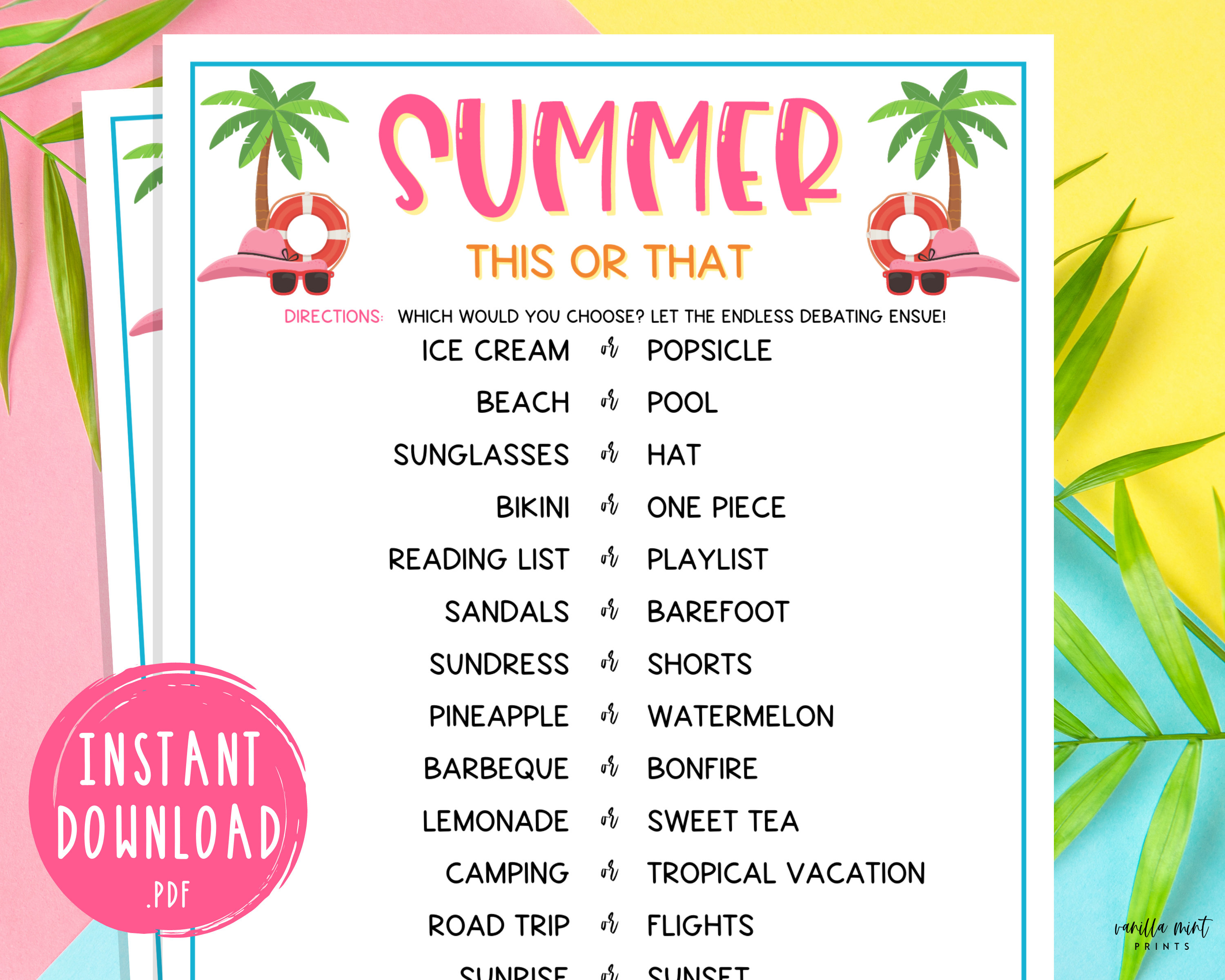 Summer This or That Printable Summertime Games Party Games - Etsy