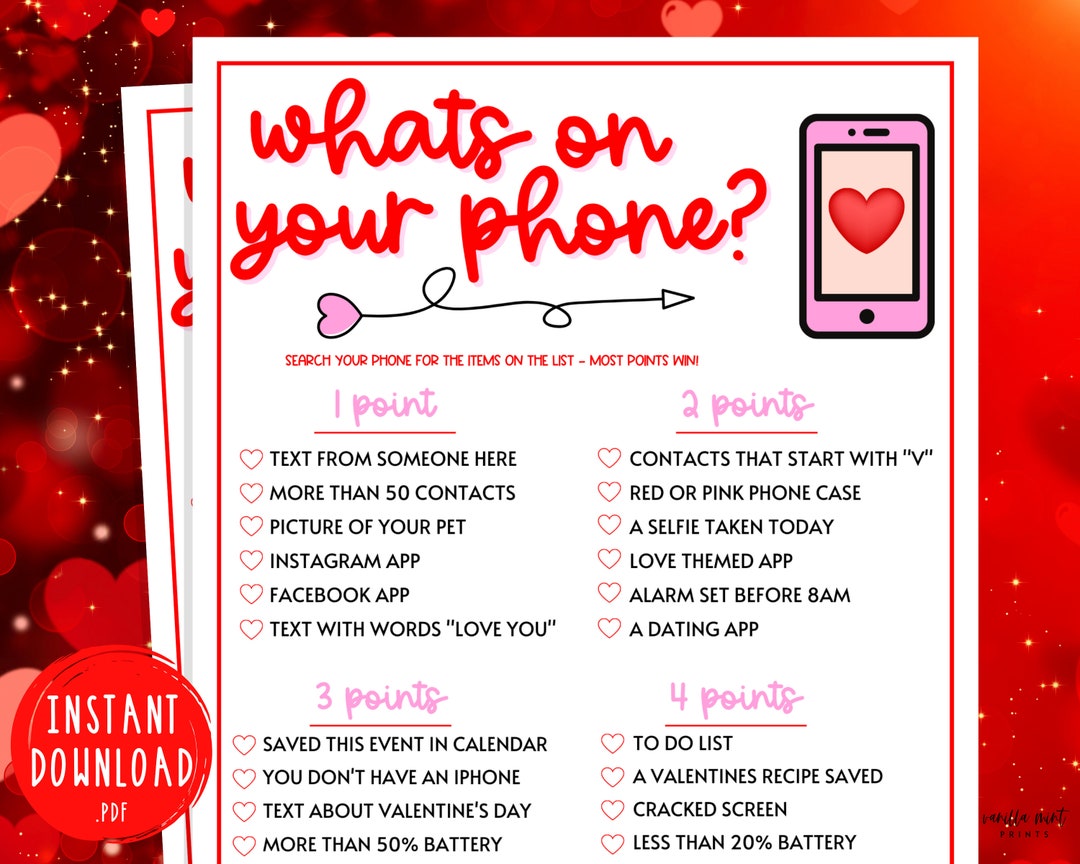 Valentine's Day Whats on Your Phone Game Fun Valentine's Day Printable ...