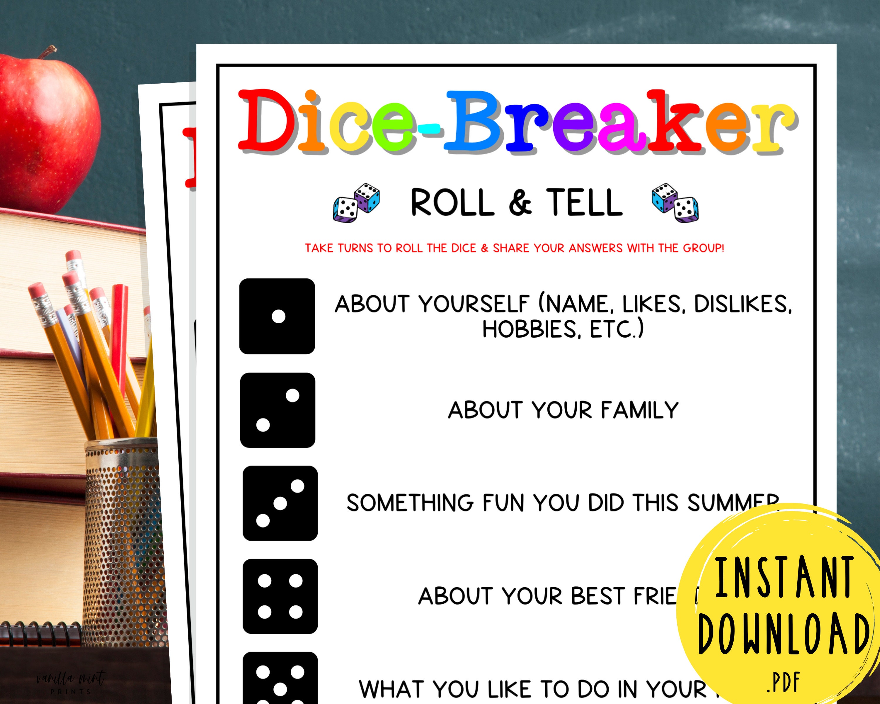 Dice-breaker Roll and Tell Game Back to School First Day - Etsy Dice-breaker Roll and Tell Game Back to School First Day - Etsy