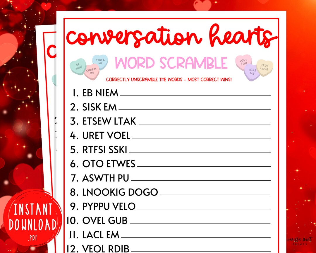 Valentine's Day Conversation Hearts Word Scramble Game Valentine ...