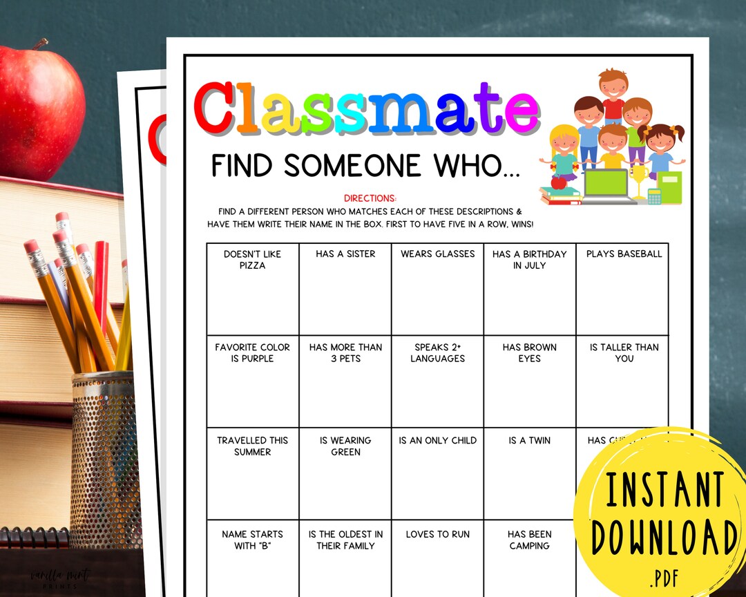 Back to School Game Classmate Find Someone Who Bingo - Etsy