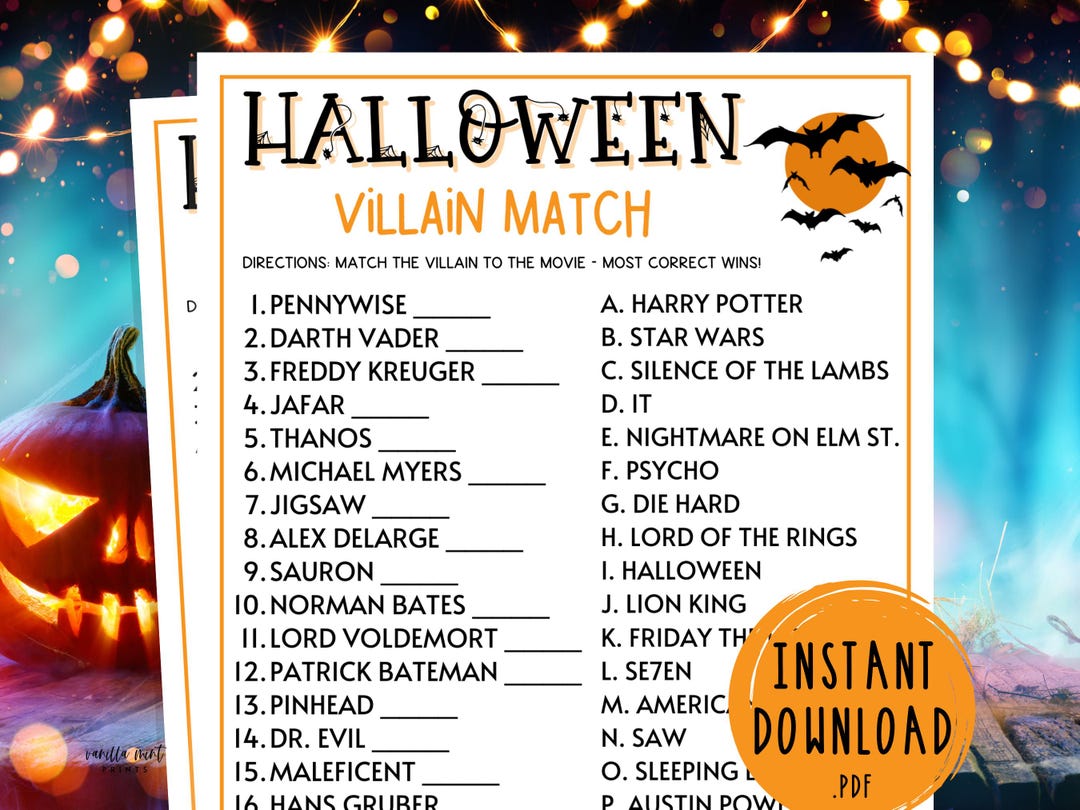 Halloween Trivia Villain Matching Game Bad Guys Trivia Game Scary Movie ...