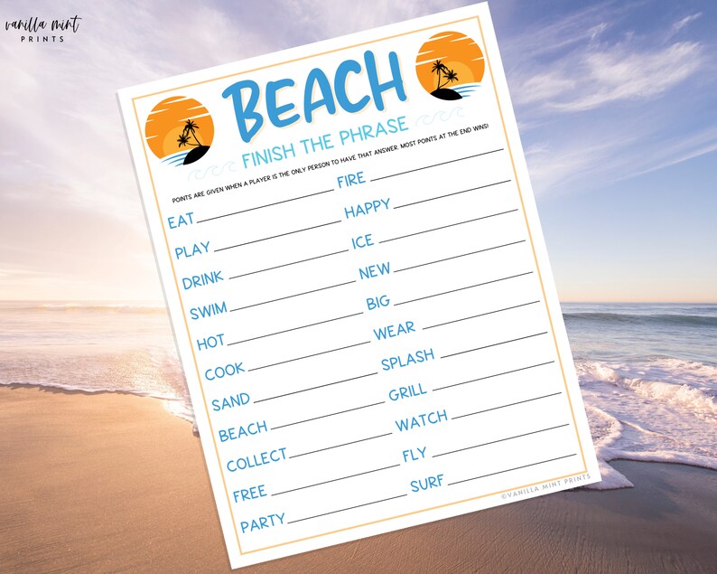 Beach Finish the Phrase Game Printable Summertime Games - Etsy