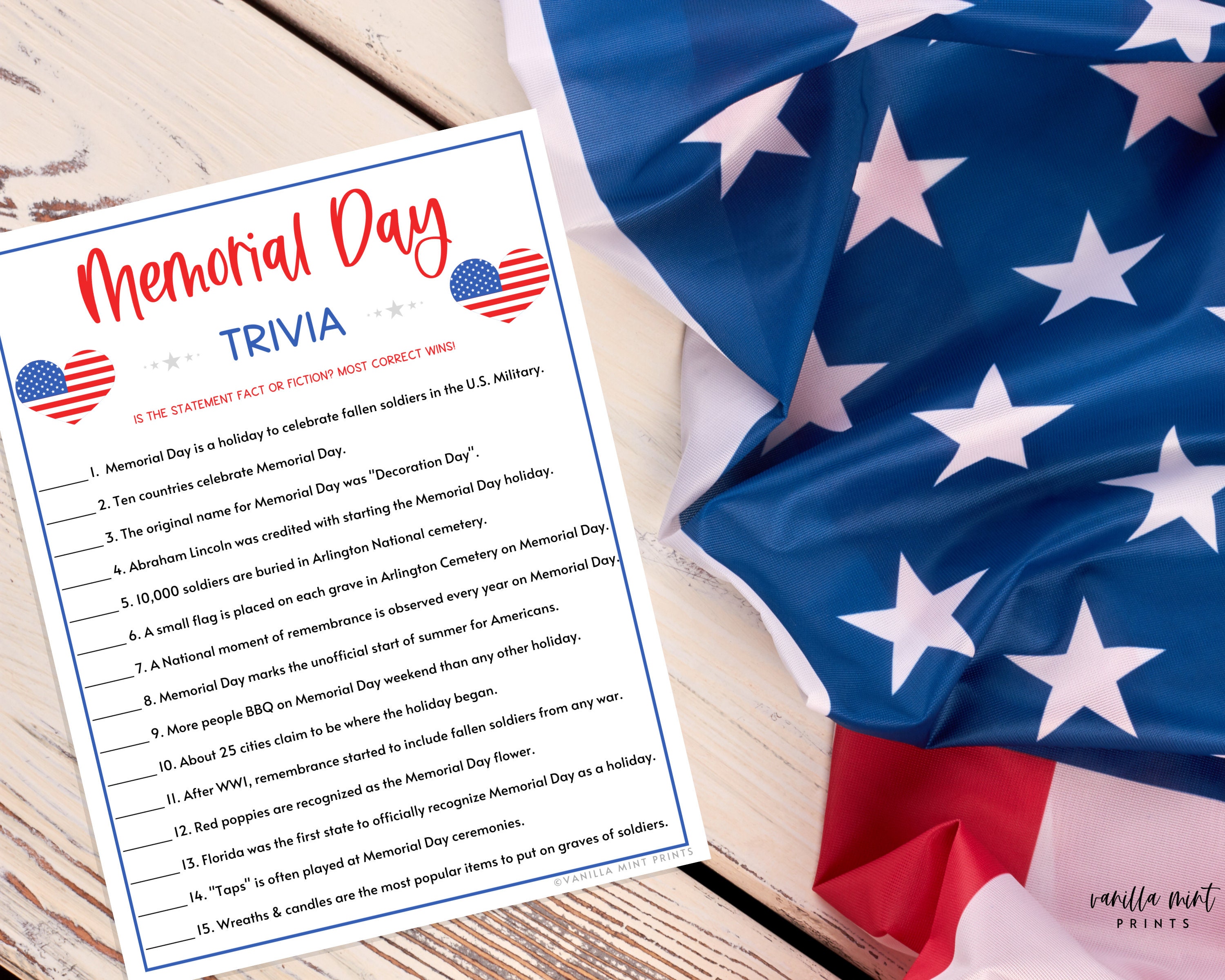 Memorial Day Trivia Game Printable Memorial Day Party Games - Etsy