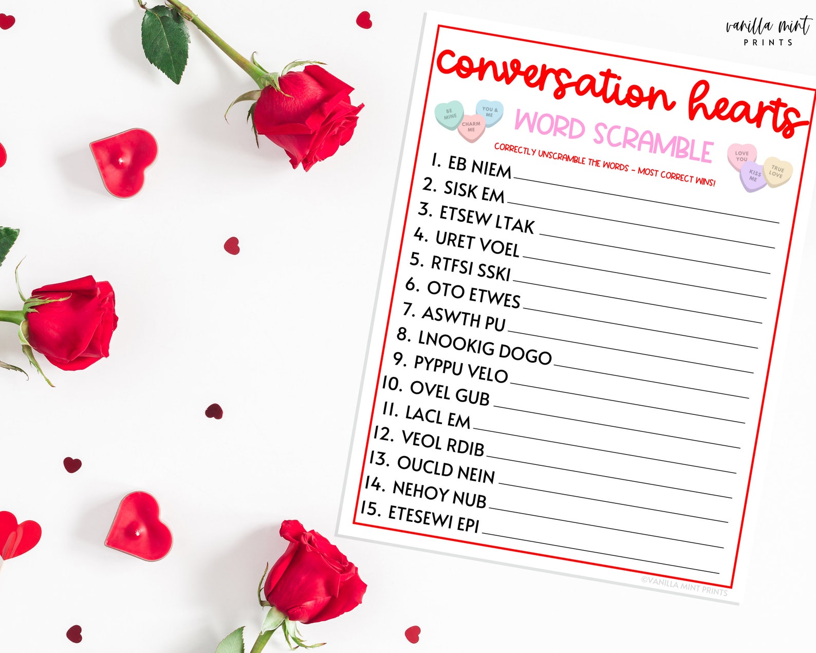 Valentine's Day Conversation Hearts Word Scramble Game | Etsy