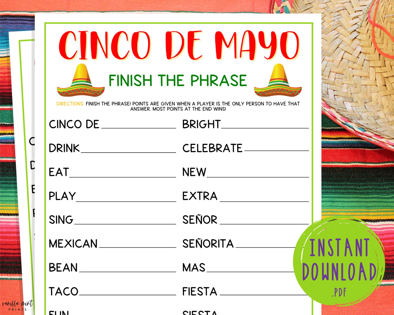 Cinco De Mayo Finish the Phrase Game Word Game Mexican Party Games Fun ...