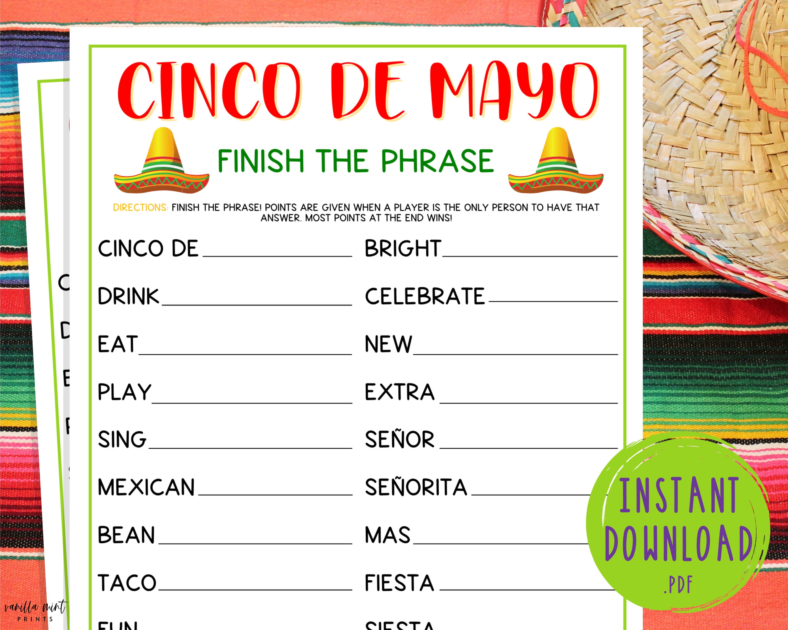 Cinco De Mayo Finish the Phrase Game Word Game Mexican - Etsy