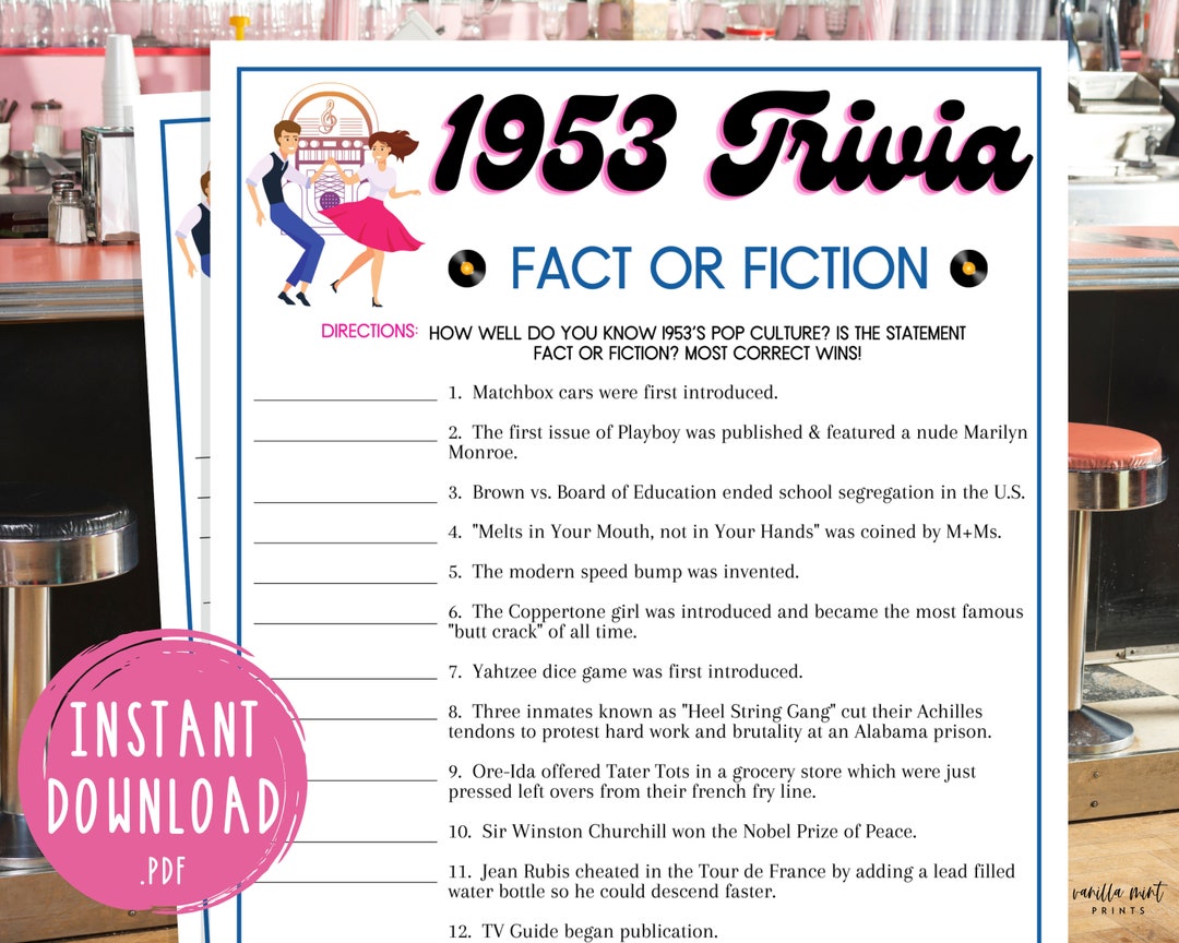1953 Trivia 50s Pop Culture Trivia Fact or Fiction 70th Birthday Back ...