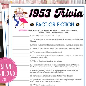 1953 Trivia 50s Pop Culture Trivia Fact or Fiction 70th Birthday Back ...