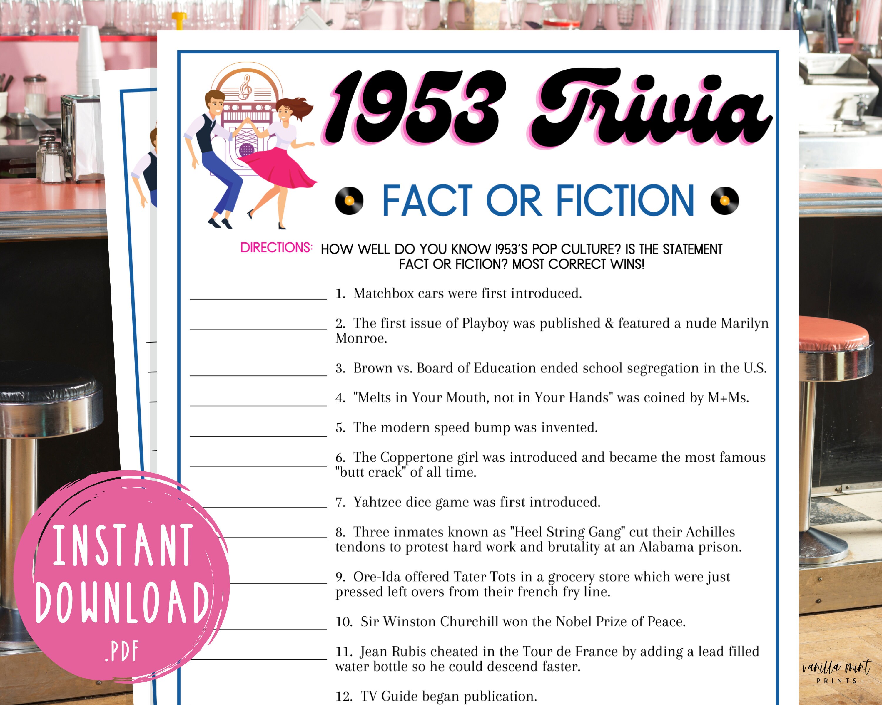 1953 Trivia 50s Pop Culture Trivia Fact or Fiction 70th - Etsy UK