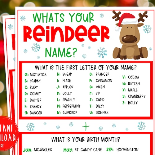 Whats Your Reindeer Name Game Funny Christmas Printable Name - Etsy