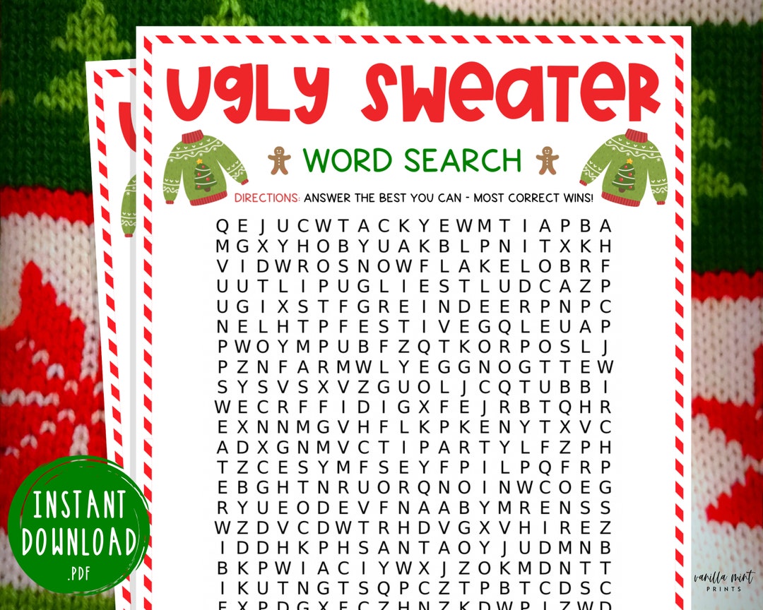 Ugly Sweater Party Word Search Game | Christmas Printable Games | Fun ...