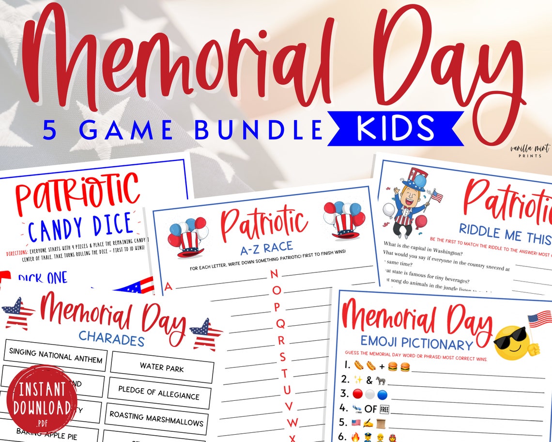 Memorial Day 5 Game KIDS BUNDLE Printable Memorial Day Party - Etsy