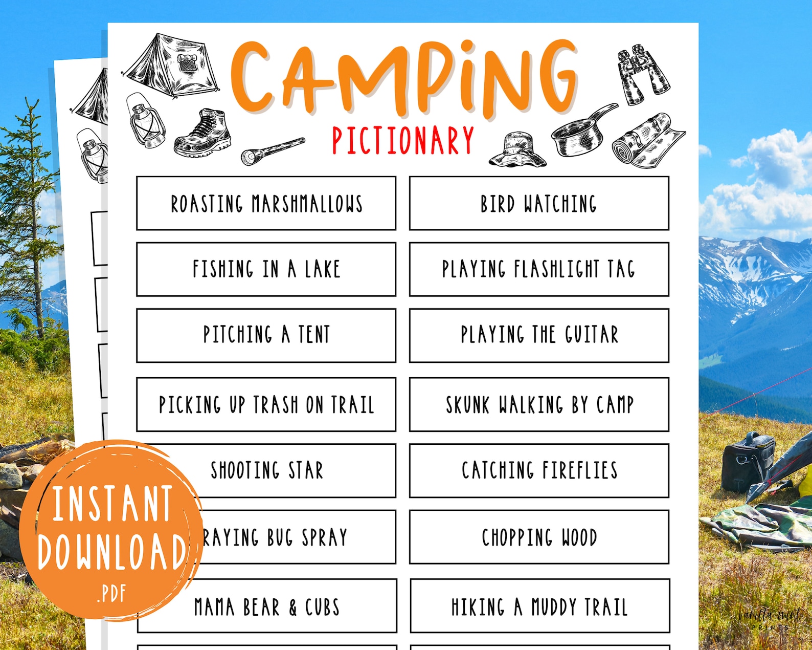 Camping Pictionary | 33 Pictionary Ideas Printable Campground Party ...