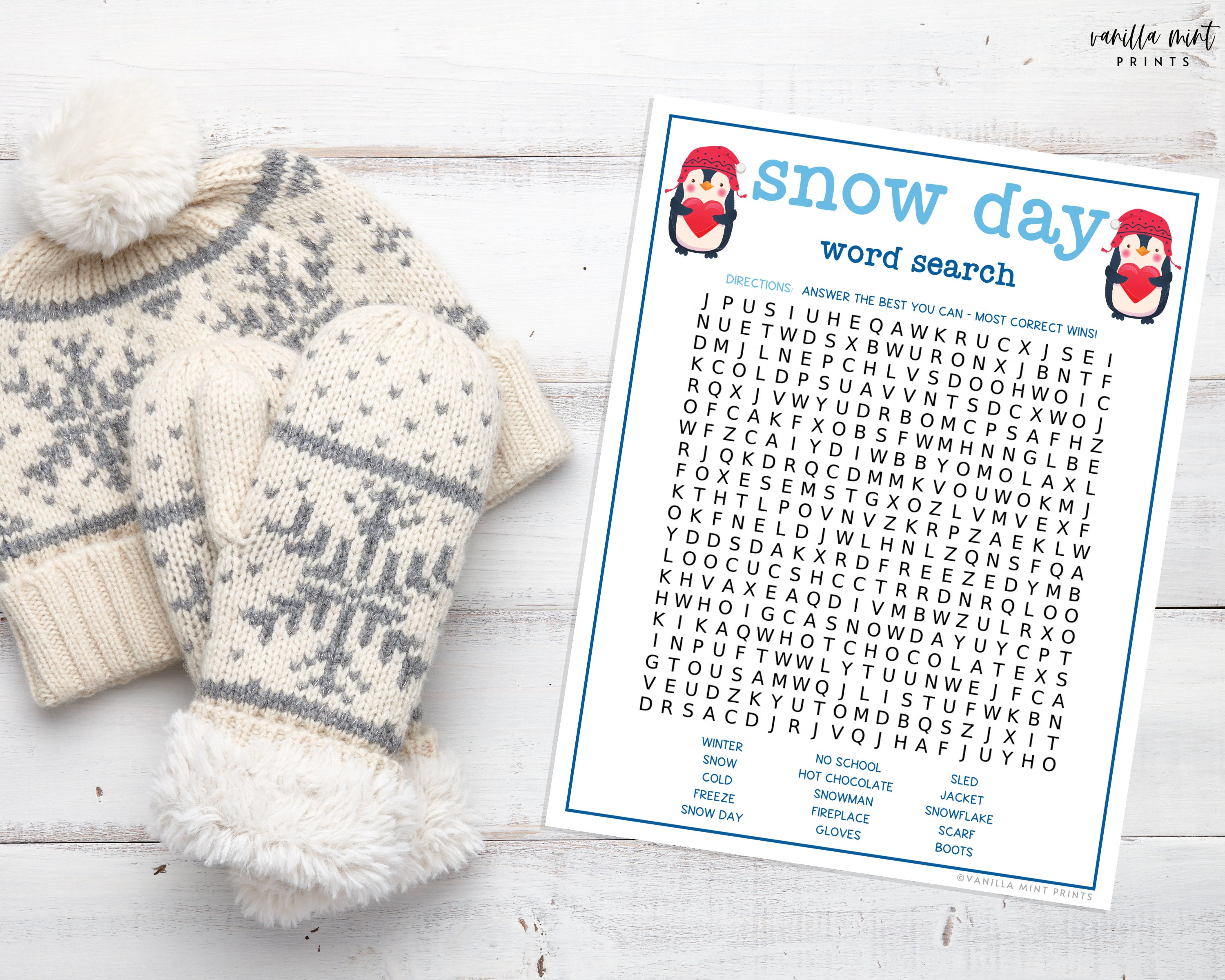 Snow Day Word Search Game Fun Printable Winter Games | Etsy