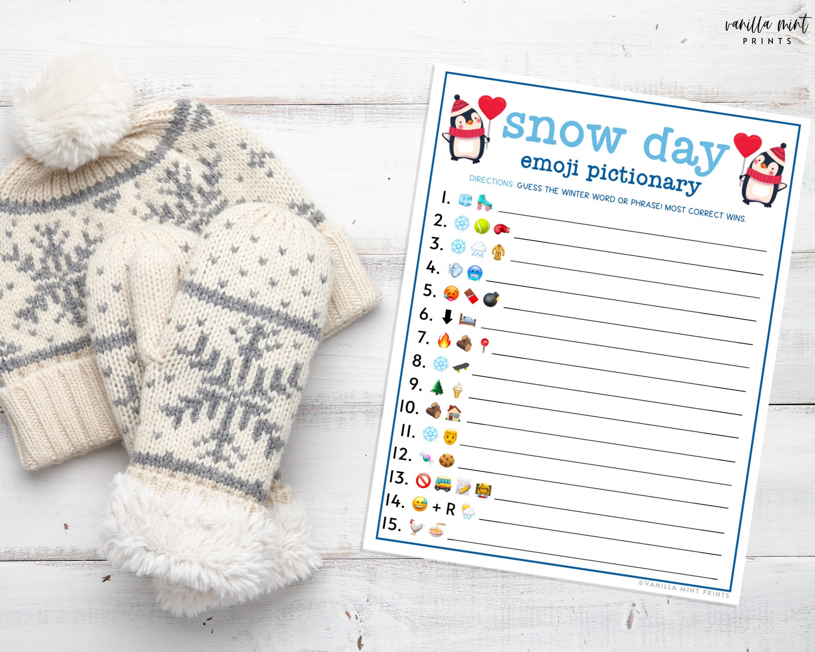 Snow Day Emoji Pictionary Game | Fun Printable Winter Game | Wintertime ...