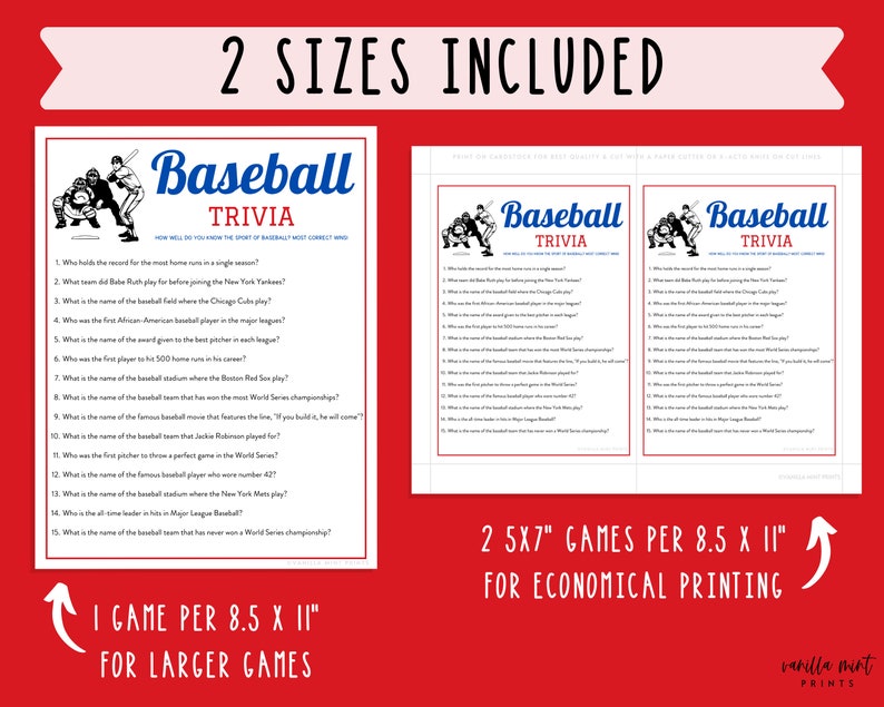 Baseball Trivia Game Printable Baseball Team Party Games - Etsy