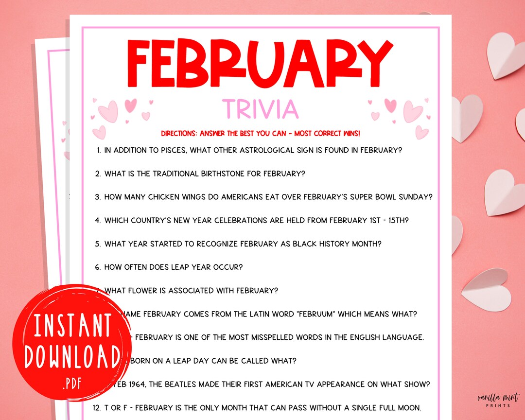February Trivia Game | Printable Month Party Games | Wintertime ...