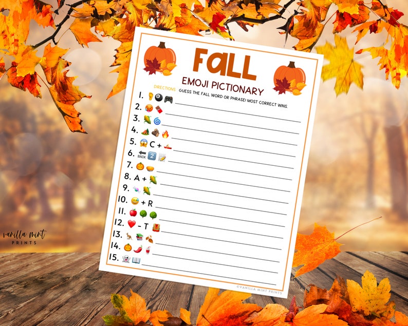 Fall Emoji Pictionary Game Printable Autumn Games Fall - Etsy